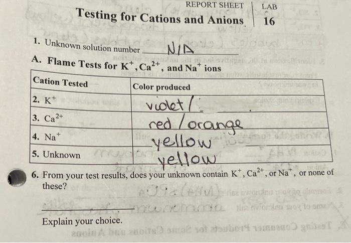 Solved REPORT SHEET LAB Testing for Cations and Anions 16 1. | Chegg.com
