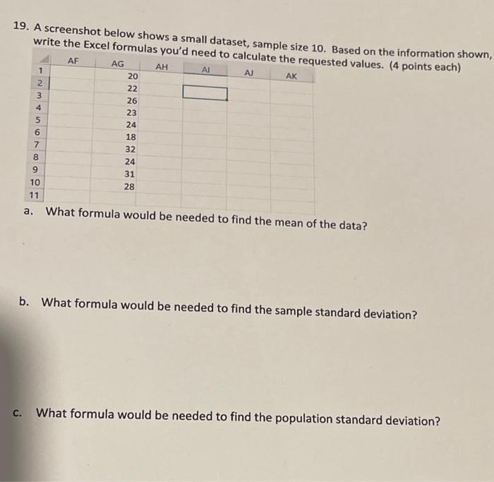 Solved 19. A screenshot below shows a small dataset, sample | Chegg.com