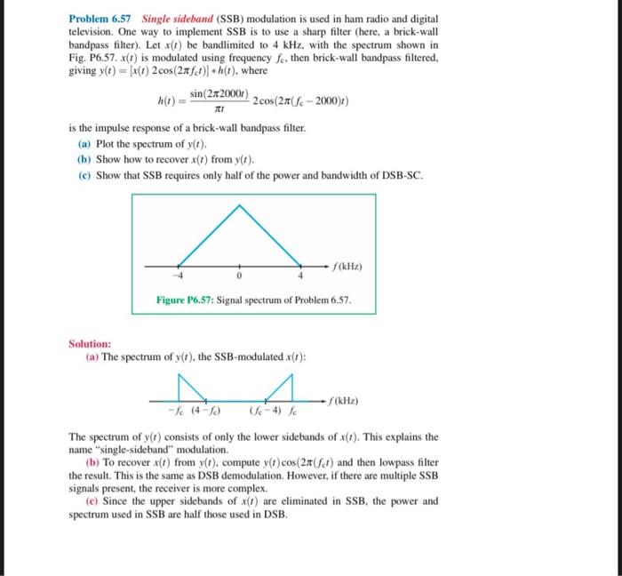 Solved Problem 6.57 Single sideband (SSB) modulation is used | Chegg.com