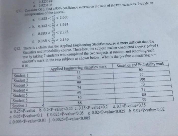 Solved Q11. Consider Q10, find a 95% confidence interval on | Chegg.com