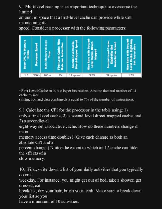 Solved 9.- Multilevel caching is an important technique to | Chegg.com