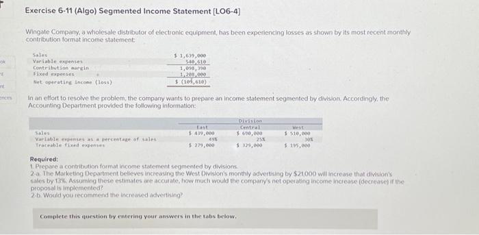 Solved Exercise 6-11 (Algo) Segmented Income Statement | Chegg.com