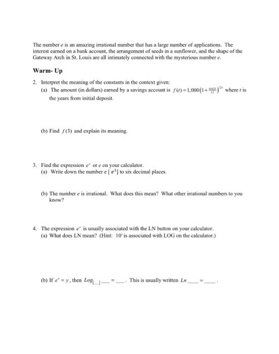 Solved Exponential Functions Base e Investigations: 1. | Chegg.com