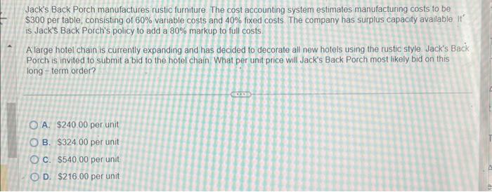 Solved Jack's Back Porch manufactures rustic furnture. The | Chegg.com