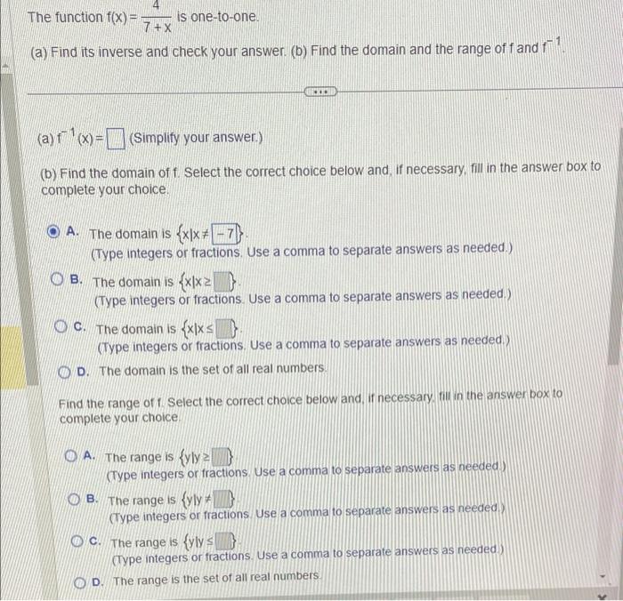 Solved The function f(x)=7+x4 is one-to-one. (a) Find its | Chegg.com