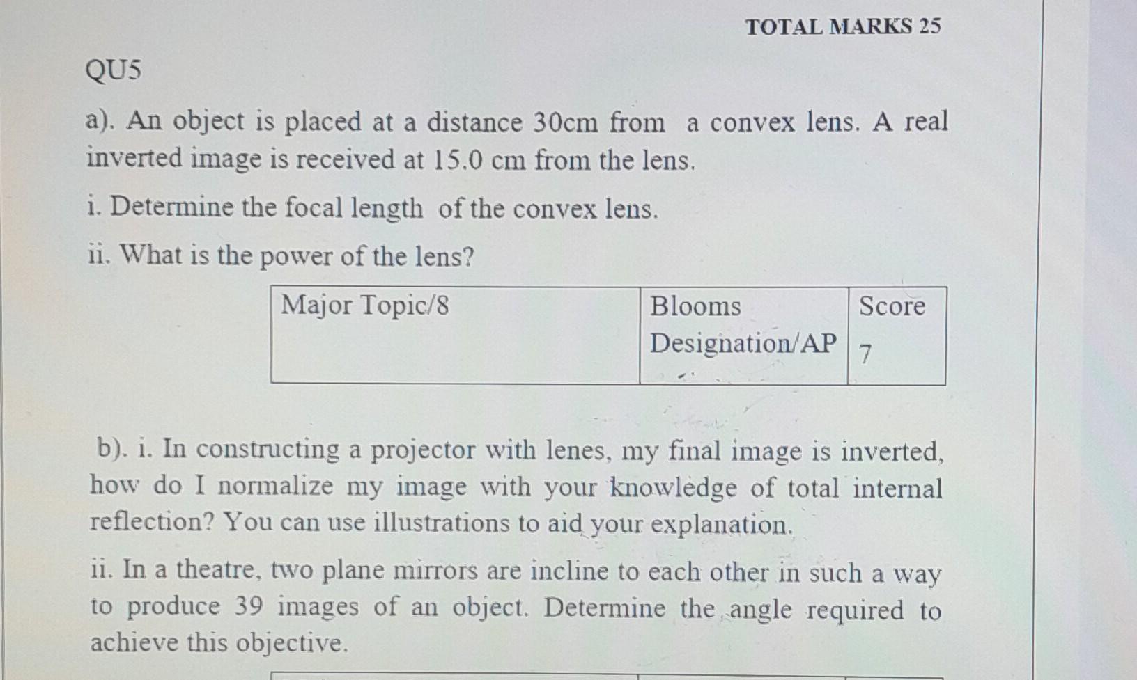 Solved TOTAL MARKS 25 QU5 a). An object is placed at a | Chegg.com