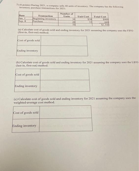 Solved 7) ( 6 points) During 2021, a company selts 40 units | Chegg.com