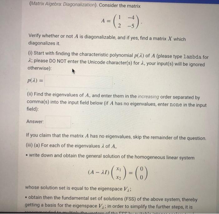 Solved (Matrix Algebra: Diagonalization). Consider the | Chegg.com