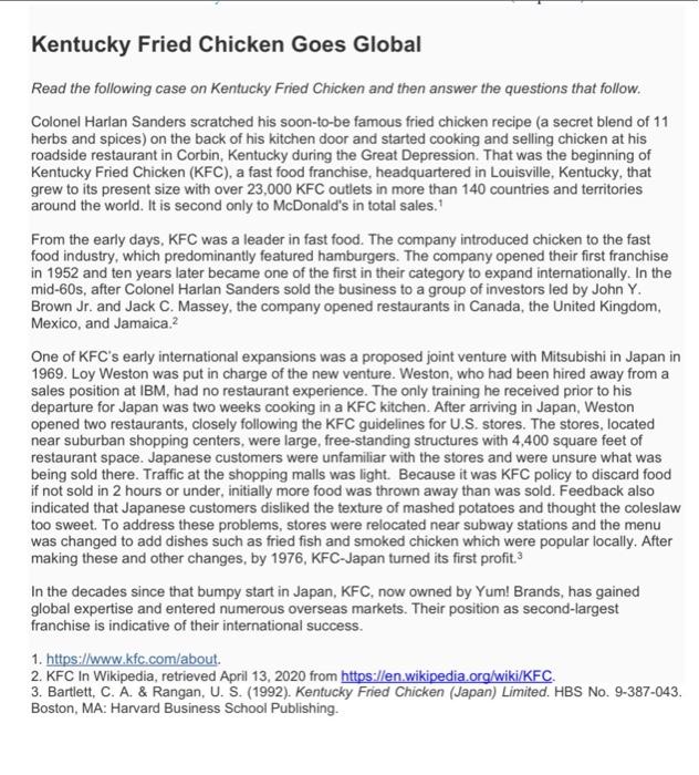 Read the following case on Kentucky Fried Chicken and | Chegg.com