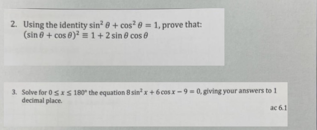 Solved 1. ﻿Using the identity sin2θ+cos2θ=1, ﻿prove that: | Chegg.com