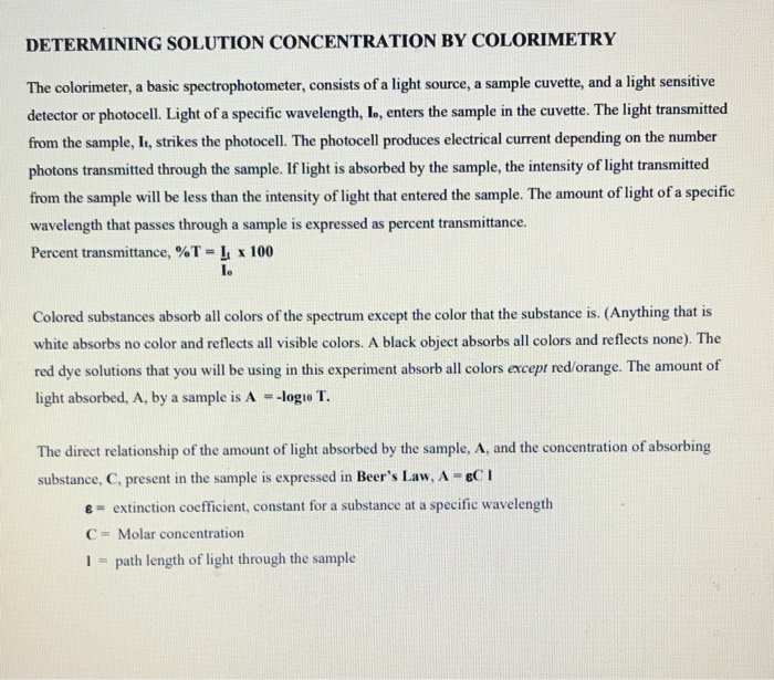 Solved DETERMINING SOLUTION CONCENTRATION BY COLORIMETRY The | Chegg.com
