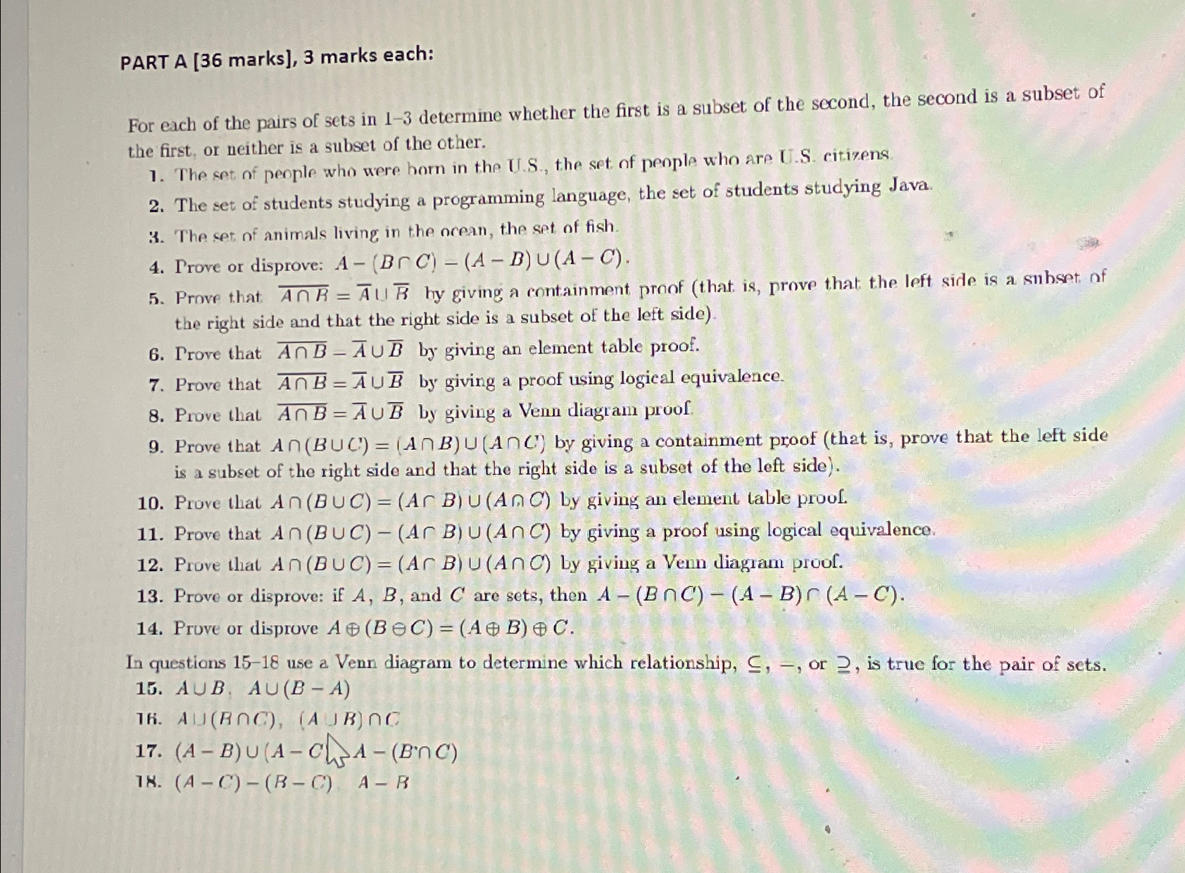 [Solved]: PART A [36 marks], 3 marks each: For each of the p