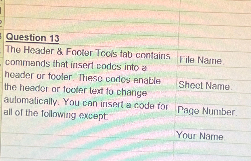 Solved Question 13The Header & Footer Tools tab contains | Chegg.com