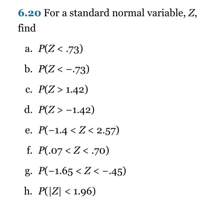 Solved 6.20 For a standard normal variable, Z, find a. | Chegg.com