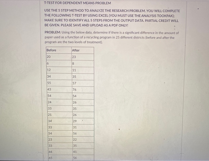 Solved T-TEST FOR DEPENDENT MEANS PROBLEM USE THE 5 STEP | Chegg.com
