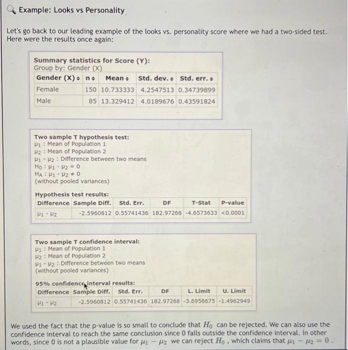 Solved Example: Looks vs Personality et's go back to our | Chegg.com