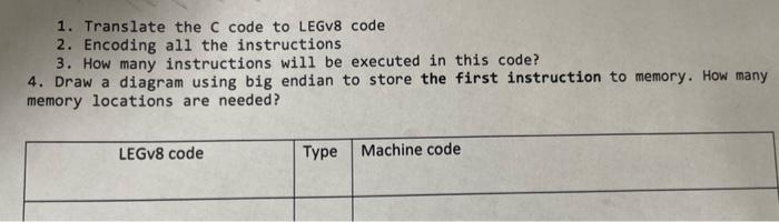 1. Translate the C code to LEGV8 code 2. Encoding all | Chegg.com