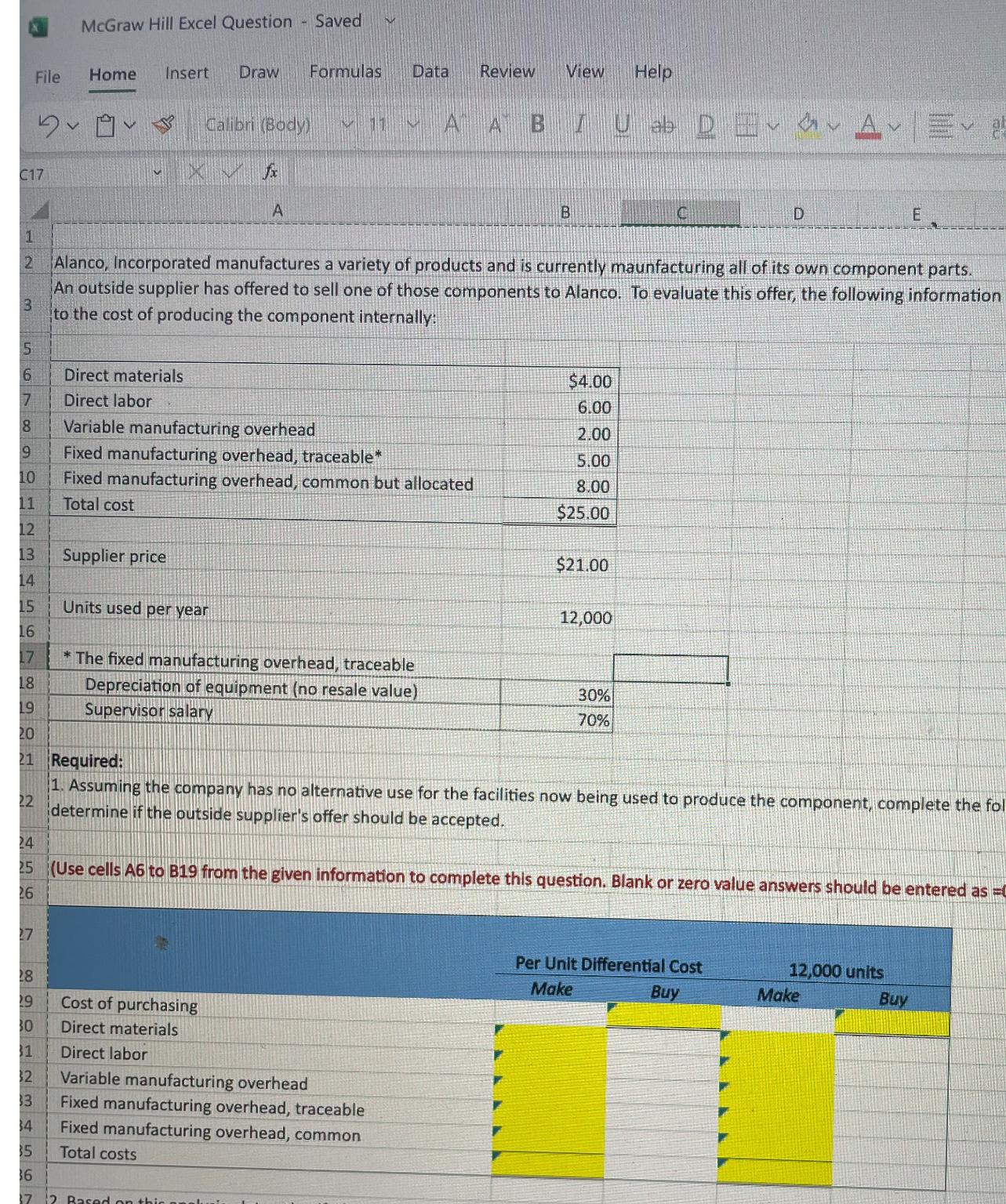 Solved Integrated Excel: Preparing a Make or Buy | Chegg.com