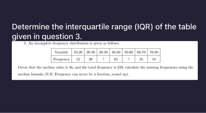 Solved Determine the interquartile range (IQR) of the table | Chegg.com