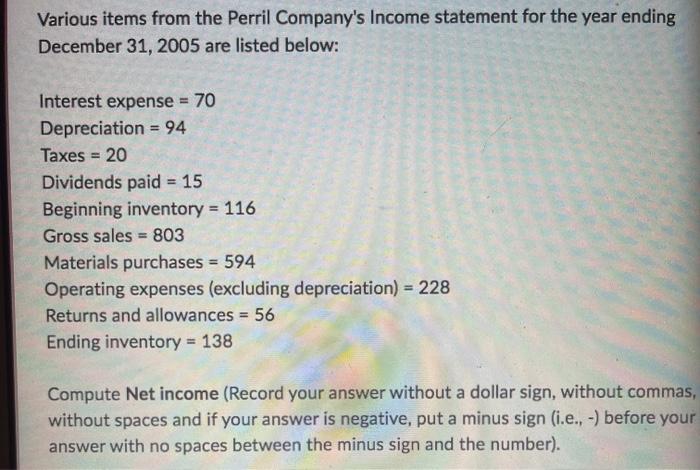 Solved Various items from the Perril Company's Income | Chegg.com