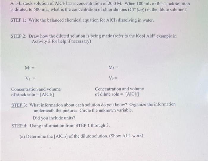 Solved A 1-L stock solution of AlCl3 has a concentration of | Chegg.com