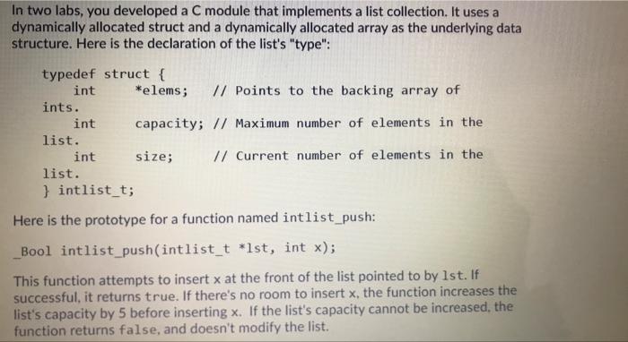 Solved In two labs, you developed a C module that implements | Chegg.com