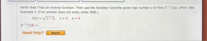 Solved Verify that f has an inverse function. Then use the | Chegg.com