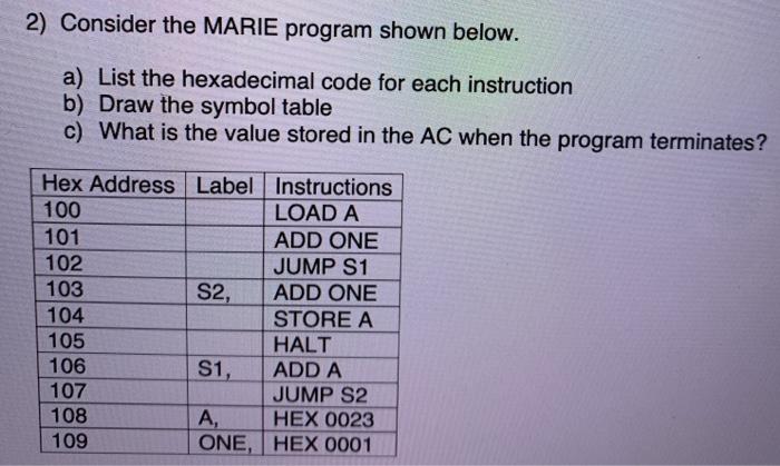 Solved 2) Consider the MARIE program shown below. a) List | Chegg.com