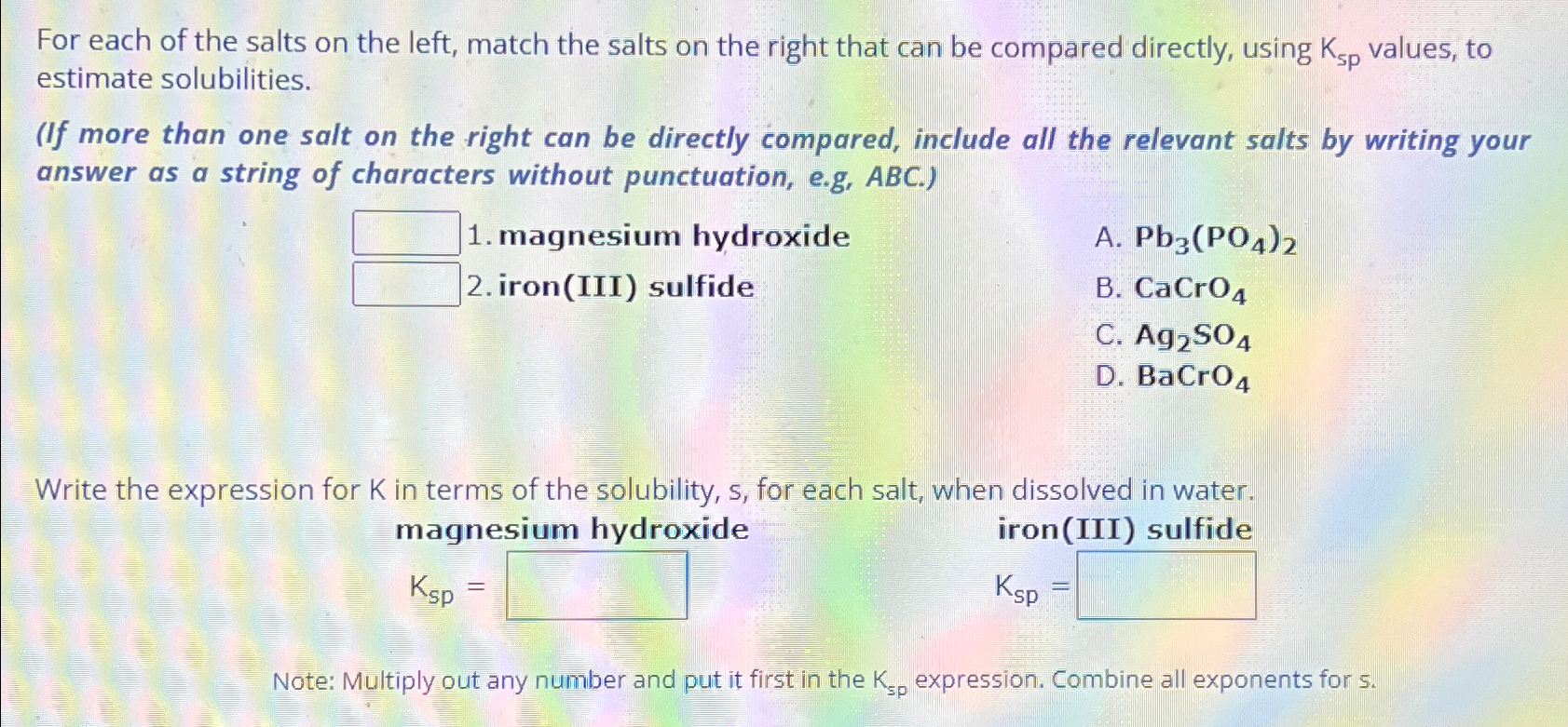 Solved For each of the salts on the left, match the salts on | Chegg.com