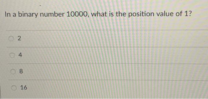 Solved In a binary number 10000, what is the position value | Chegg.com
