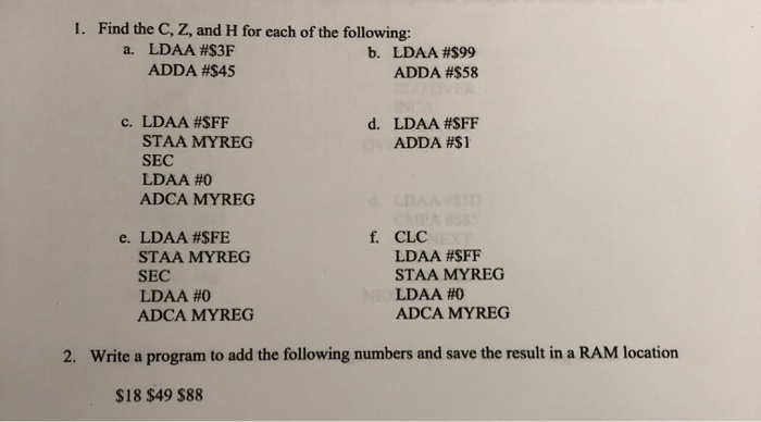 Solved 1. Find the C, Z, and H for each of the following: a. | Chegg.com