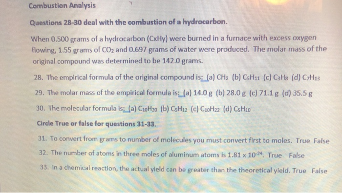 Solved Combustion Analysis Questions 28-30 deal with the | Chegg.com