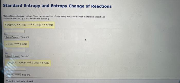 Solved Standard Entropy and Entropy Change of Reactions | Chegg.com