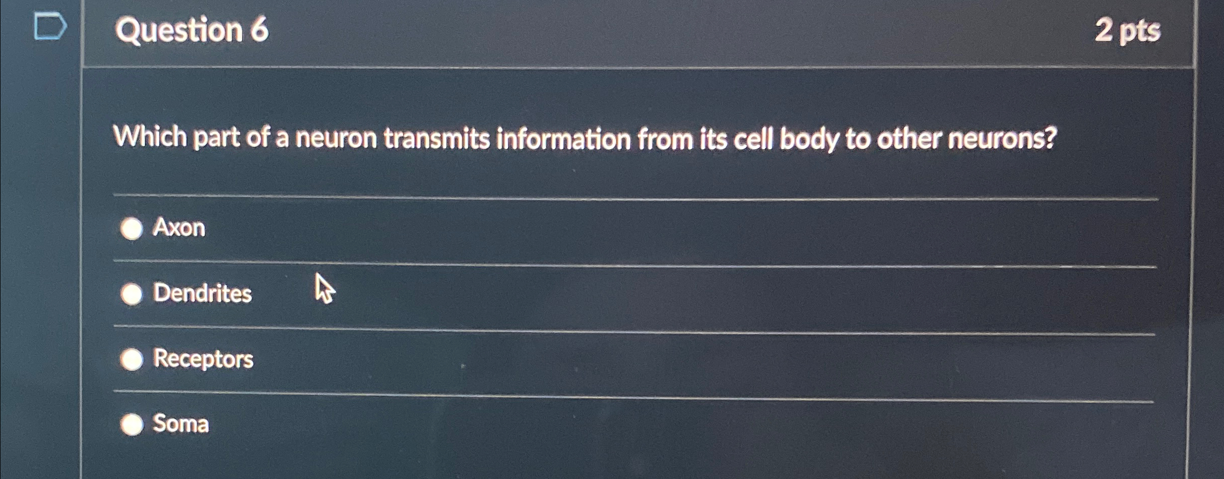 Solved Question 62 ptsWhich part of a neuron transmits | Chegg.com Solved Question 62 ptsWhich part of a neuron transmits | Chegg.com