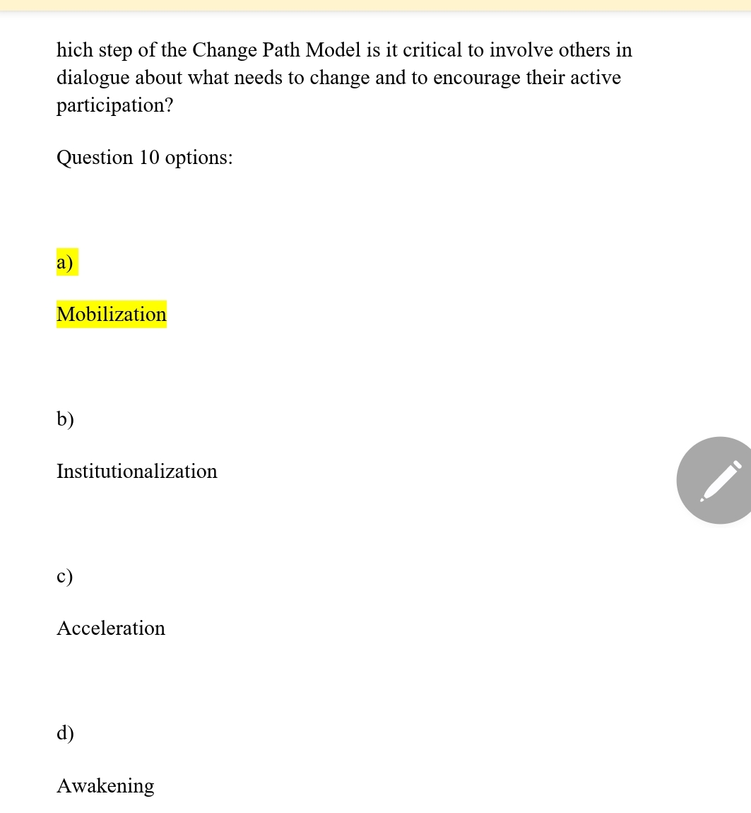 Solved hich step of the Change Path Model is it critical to | Chegg.com