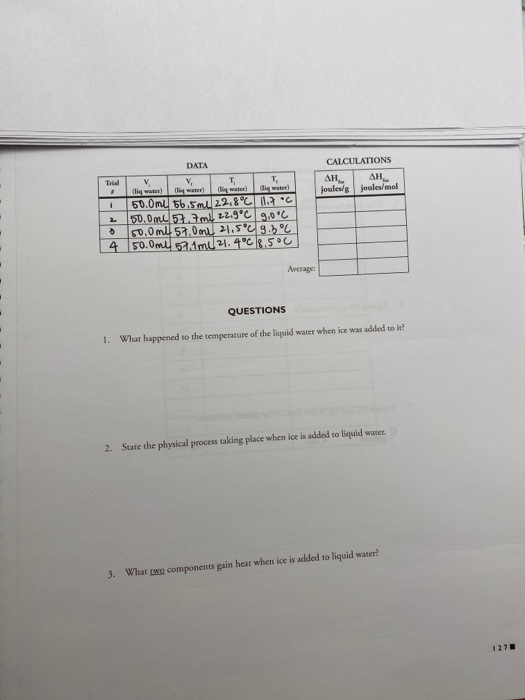 Solved DATA CALCULATIONS Trial AH joulee ΔΗ. joules/mol 1 V | Chegg.com