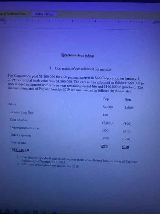 ay in Protected View Enable Editing 2 Ejercicios de | Chegg.com