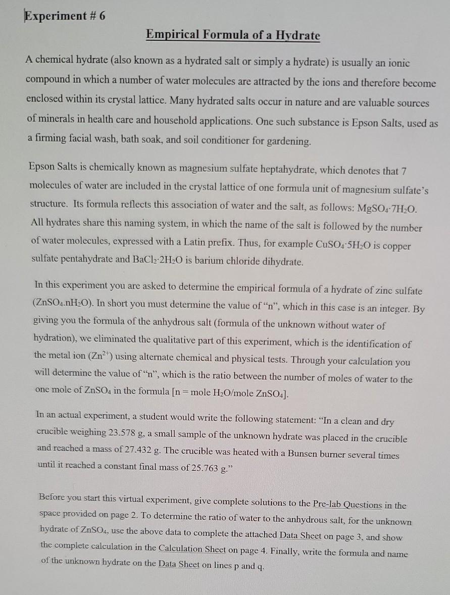 Solved Experiment #6 Empirical Formula of a Hydrate A | Chegg.com