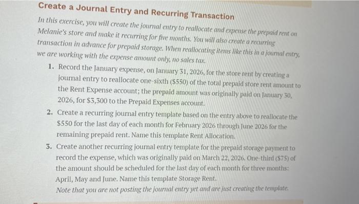 Solved Create a Journal Entry and Recurring Transaction In | Chegg.com