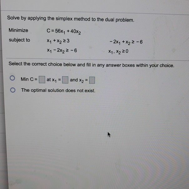 Solved Solve by applying the simplex method to the dual | Chegg.com
