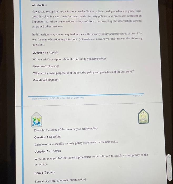 Solved Introduction Nowadays, recognized organizations need | Chegg.com