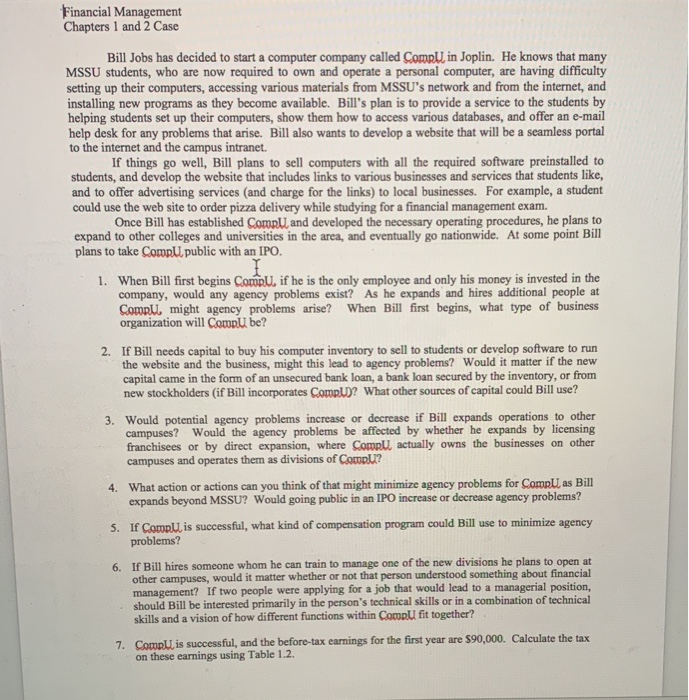 Solved Financial Management Chapters 1 and 2 Case Bill Jobs | Chegg.com