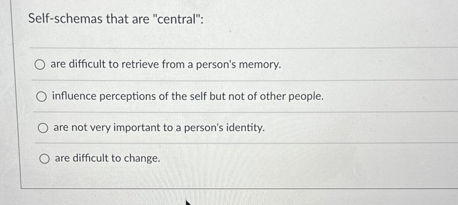 Solved Self-schemas that are "central":are difficult to | Chegg.com