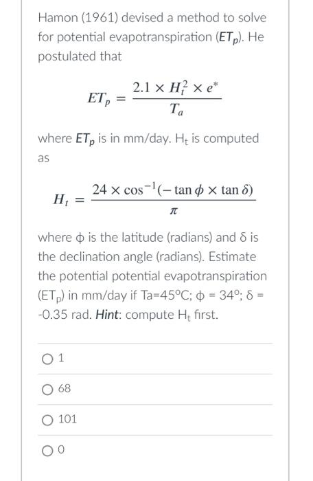 Solved Hamon (1961) devised a method to solve for potential | Chegg.com