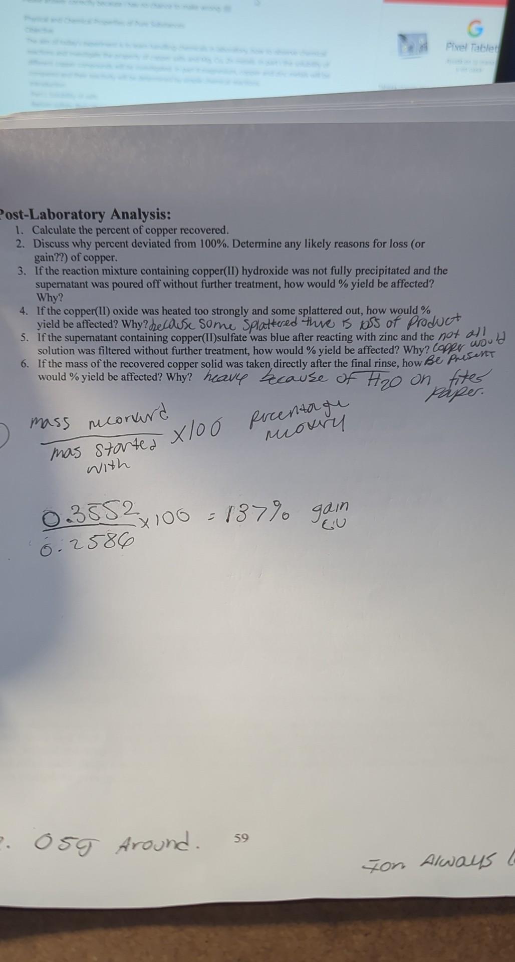 Solved Post-Laboratory Analysis: 1. Calculate the percent of | Chegg.com