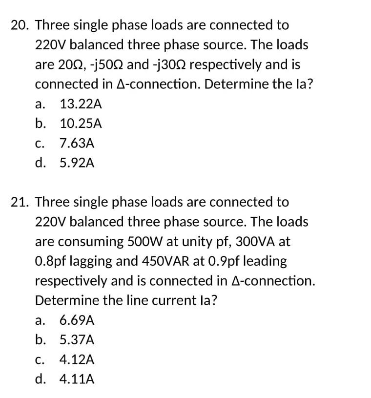 Solved 20. Three single phase loads are connected to 220V | Chegg.com