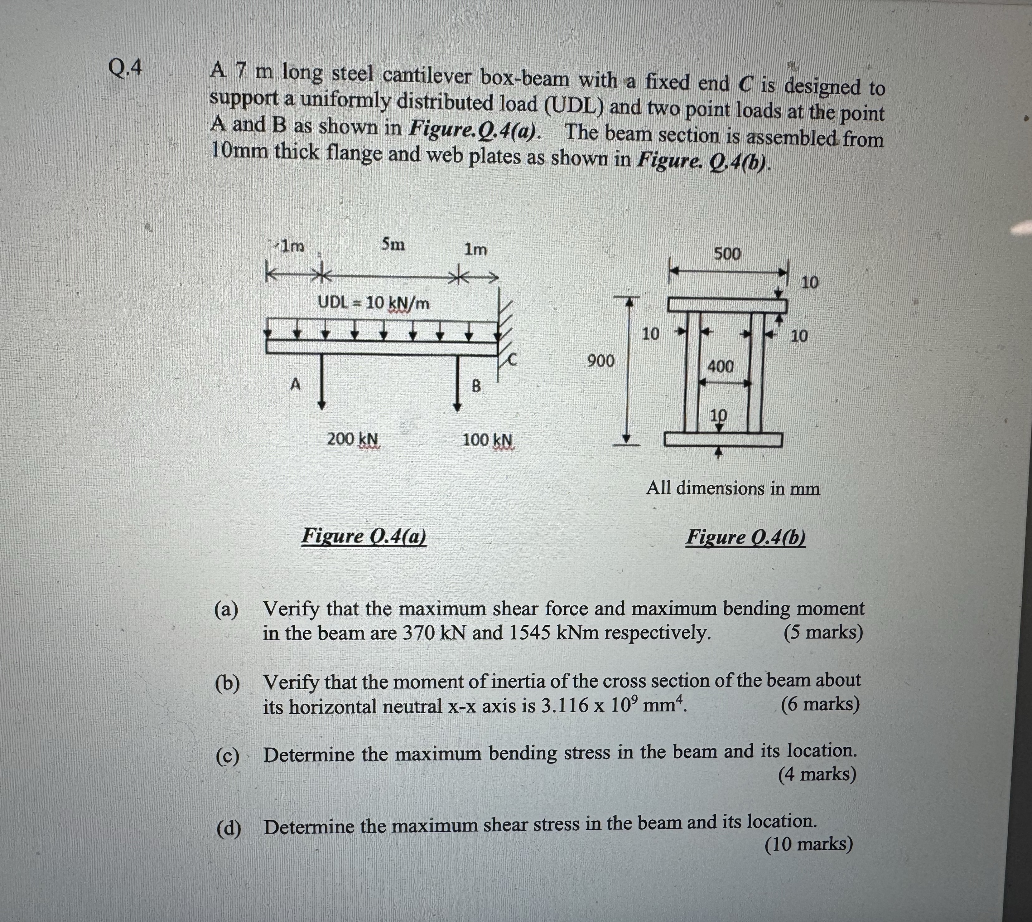 Solved Q. 4, ﻿A 7 ﻿m long steel cantilever box-beam with a | Chegg.com