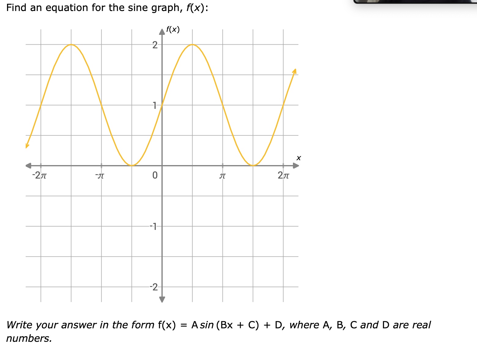 Solved Find an equation for the sine graph, f(x) ﻿:Write | Chegg.com