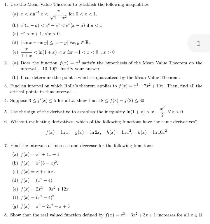 Solved 1. Use the Mean Value Theorem to establish the | Chegg.com