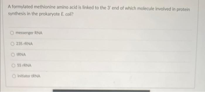 Solved A formylated methionine amino acid is linked to the | Chegg.com